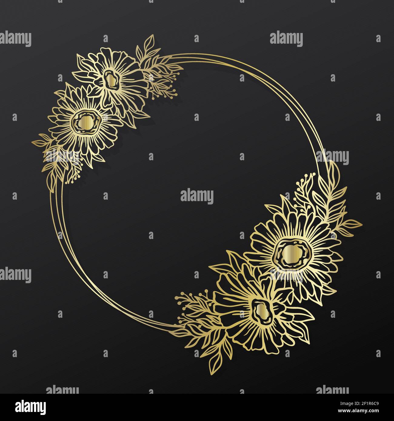 Floral sunflower frame wreath circle.Ink line style.Flower leaf ...