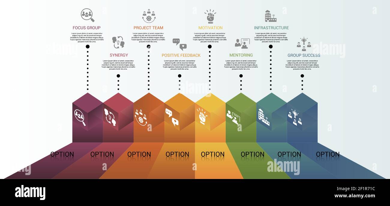 Infographic Team Building template. Icons in different colors. Include ...