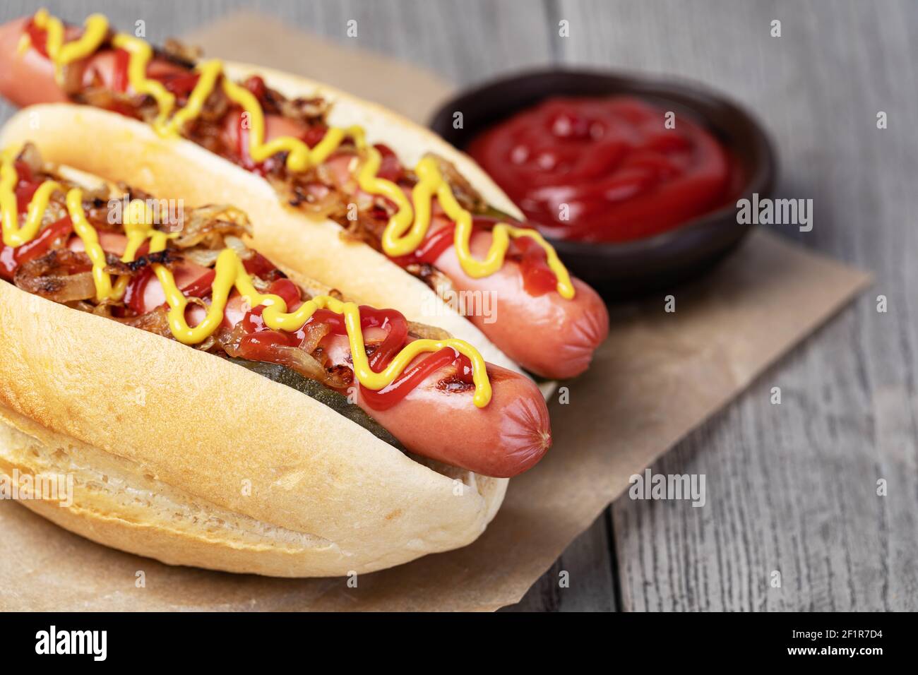 Barbecue Grilled Hot Dog with Yellow Mustard and ketchup Stock Photo ...