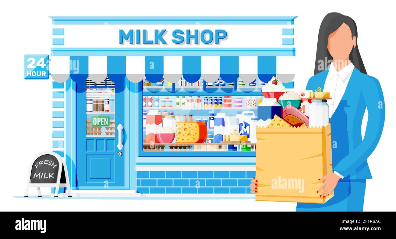 Dairy store or milk shop and woman customer. Store facade with ...