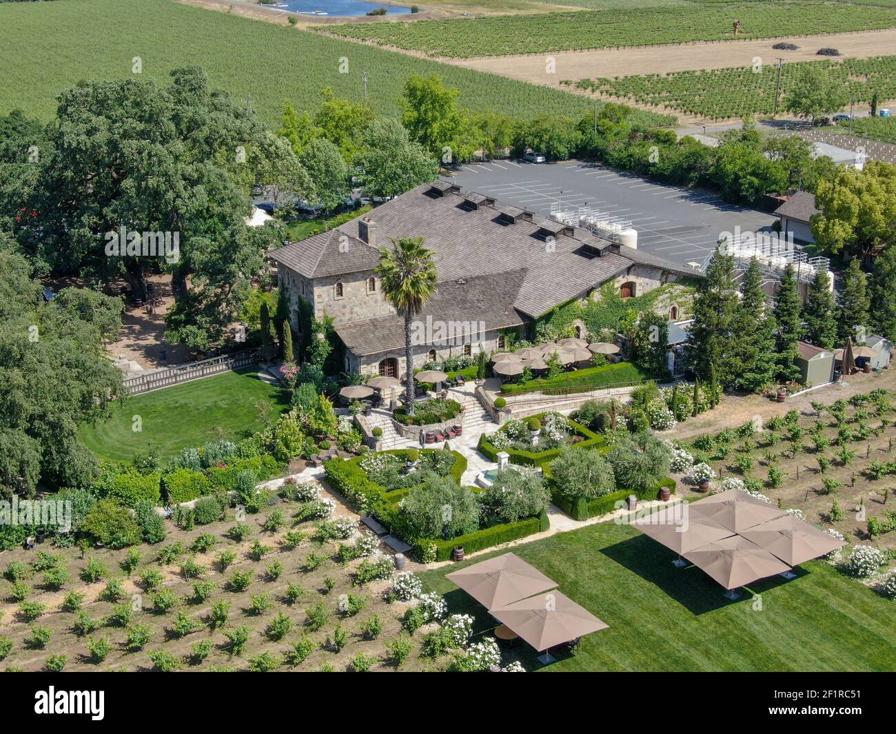 Aerial view of V. Sattui Winery and retail store, St. Helena, Napa ...