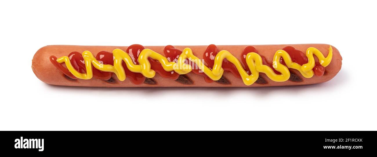 Sausage with ketchup and mustard topping Stock Photo - Alamy