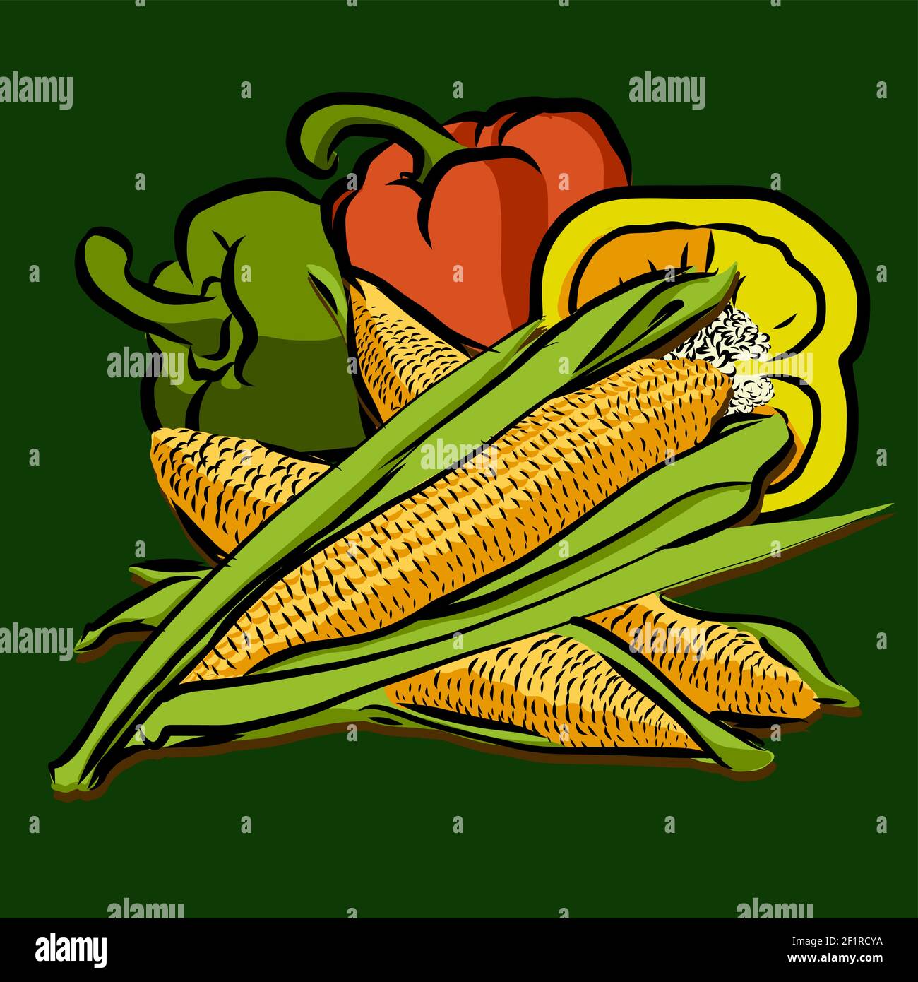 Hand drawn corn and cut bell bell pepper on green background Stock ...