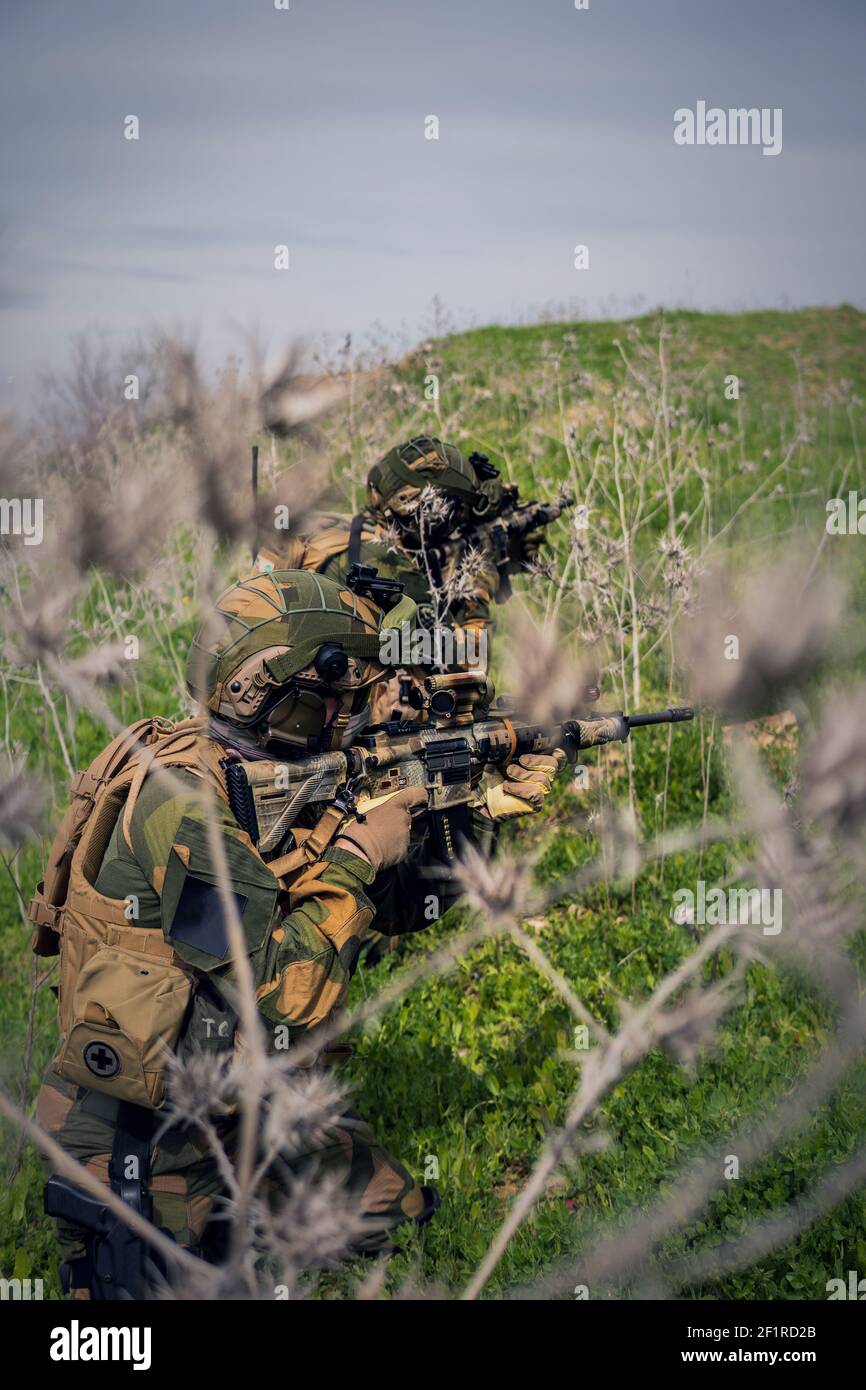 A group of special forces soldiers hiding in the grass and aiming with ...