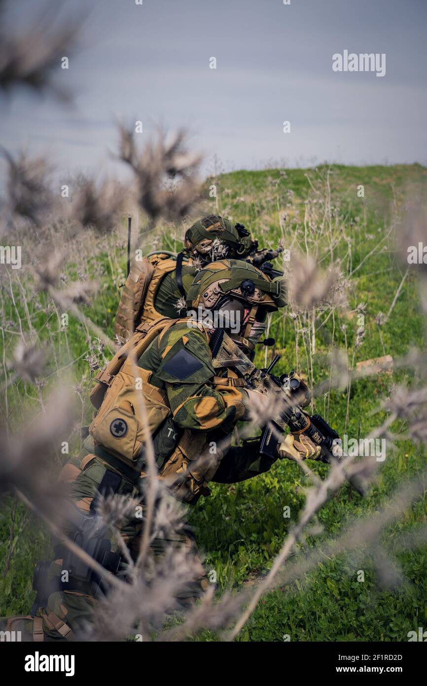 The special forces soldiers lurking in the grass while carrying out a ...