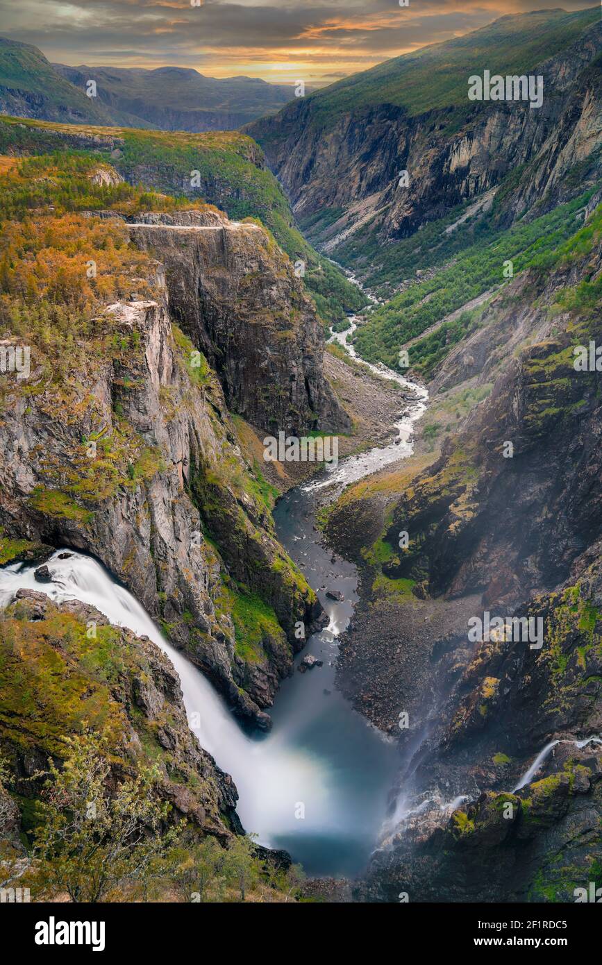 Classic Voringfossen double waterfall shot from above. Shot is a long ...