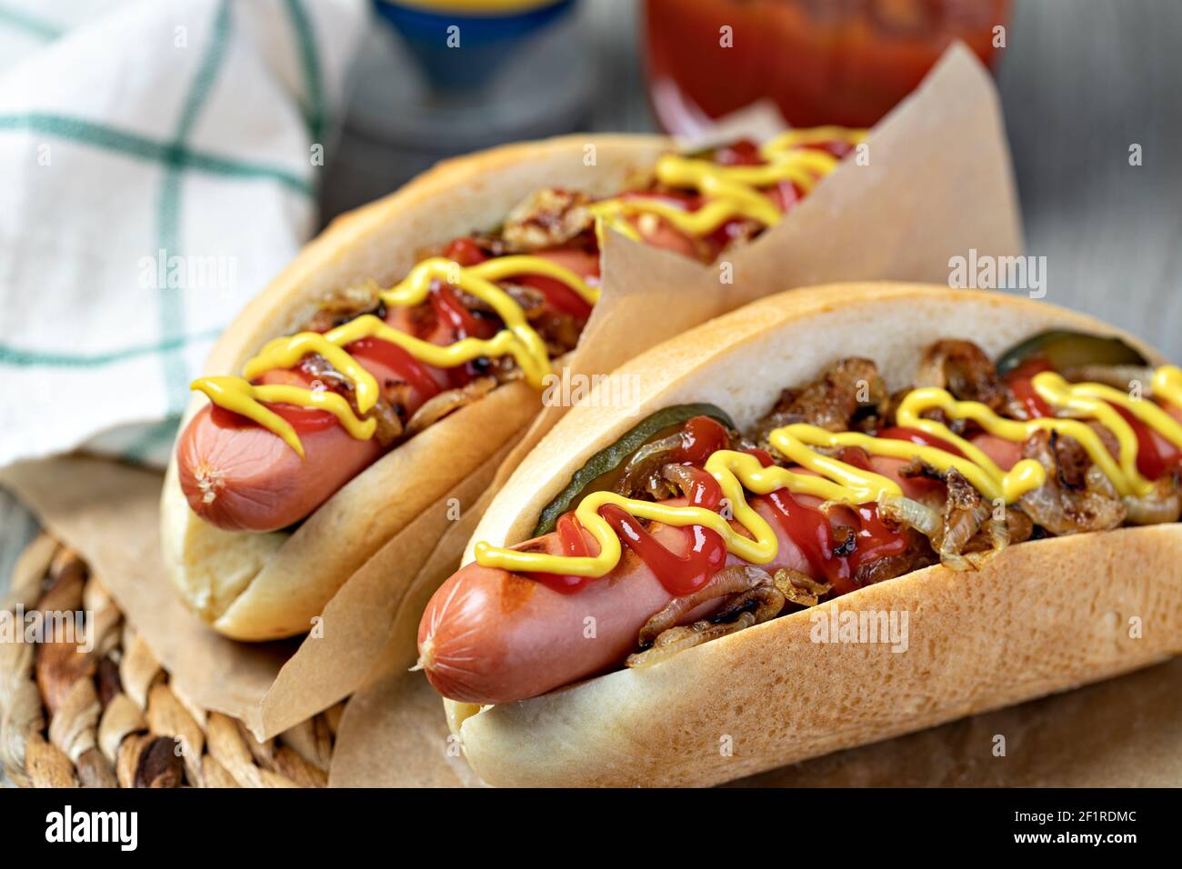 Barbecue Grilled Hot Dog with Yellow Mustard and ketchup Stock Photo ...