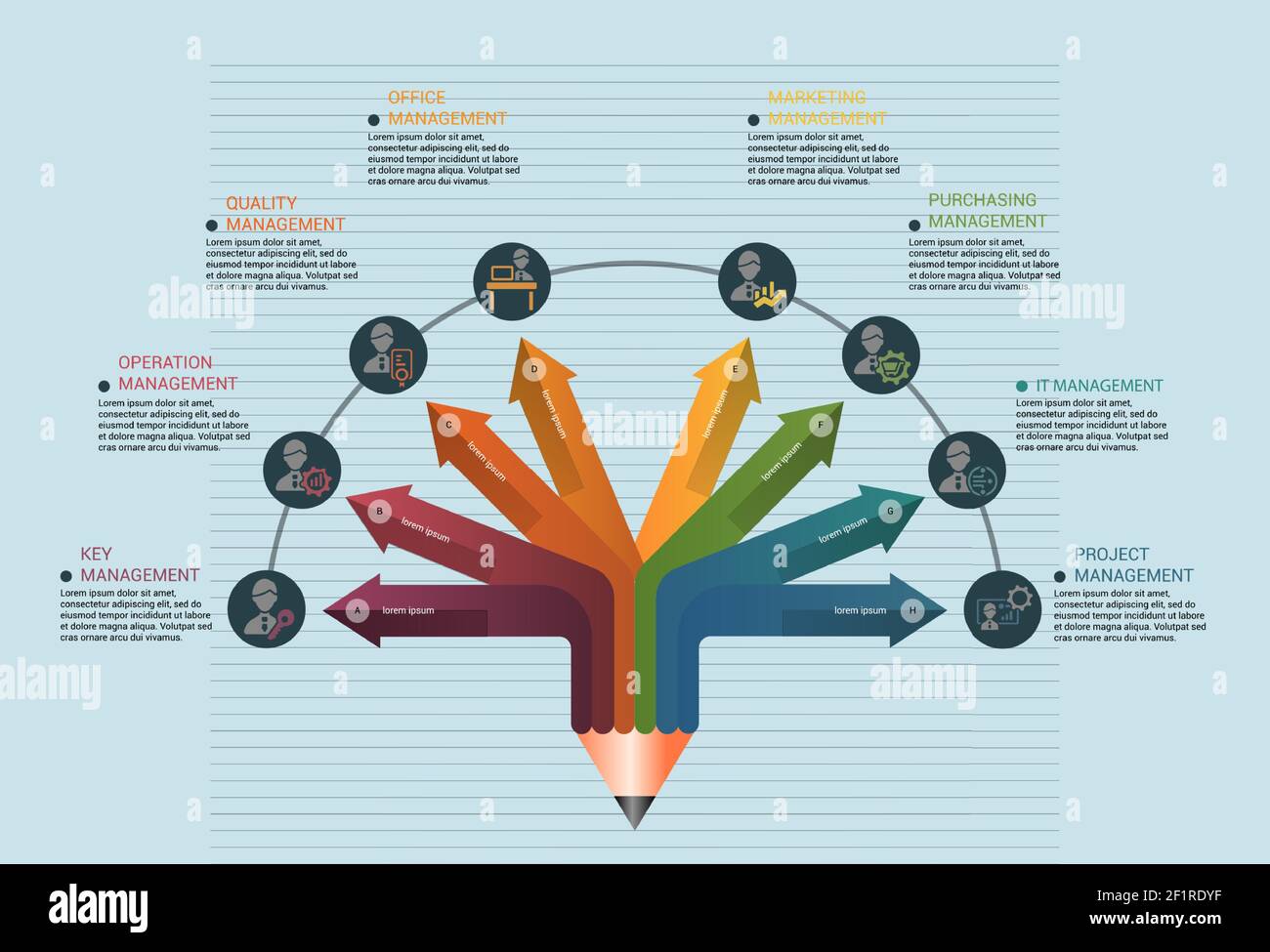 Infographic Company Management template. Icons in different colors ...