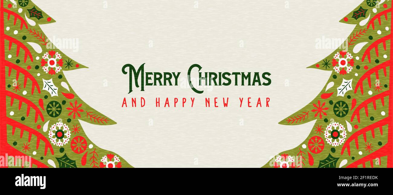 Merry Christmas Happy New Year vintage folk web banner illustration ...