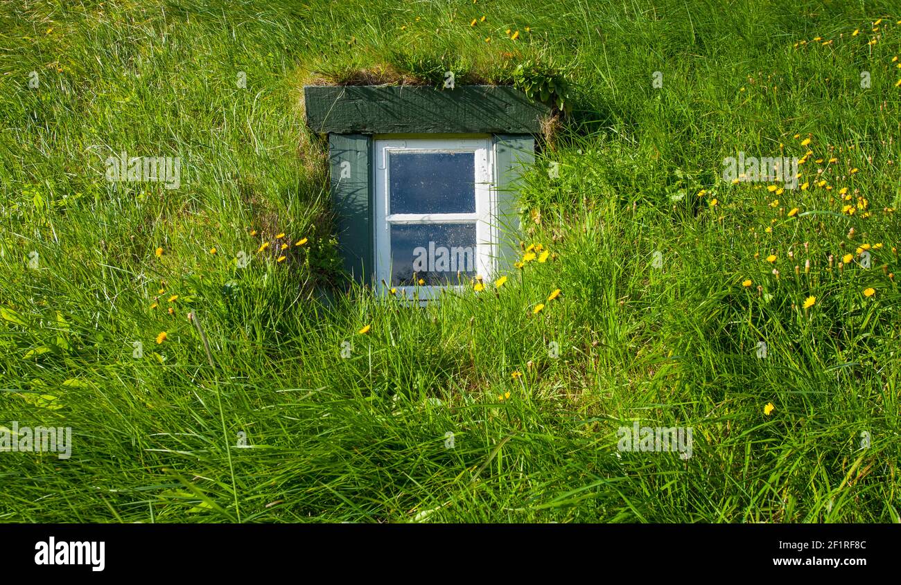 window at the turf church Hofskirkja in Iceland Stock Photo - Alamy
