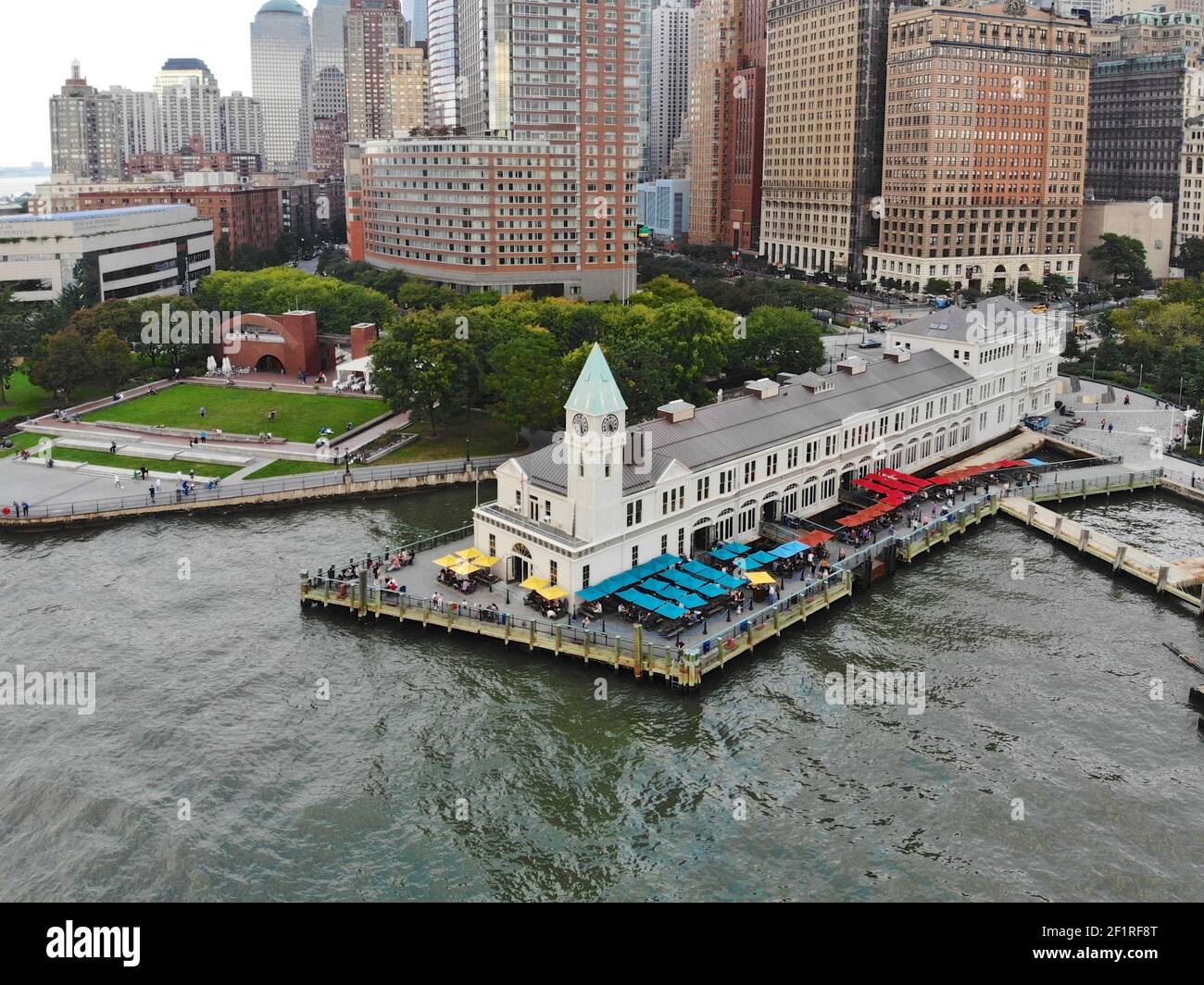 Aerial view of Battery Park pier A leading to Liberty Island Stock ...