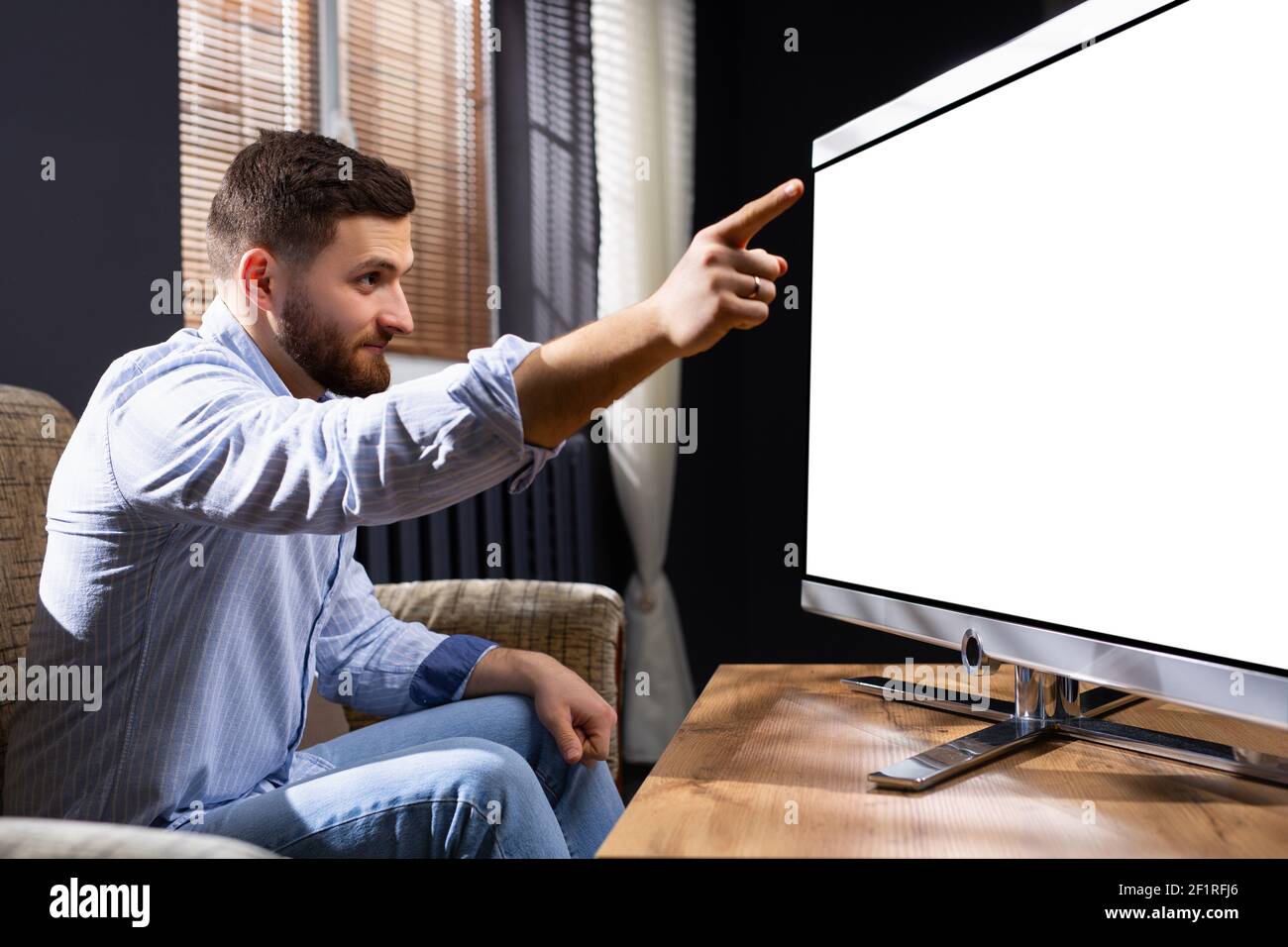 Great idea. Delighted freelancer raising his forefinger out and ...