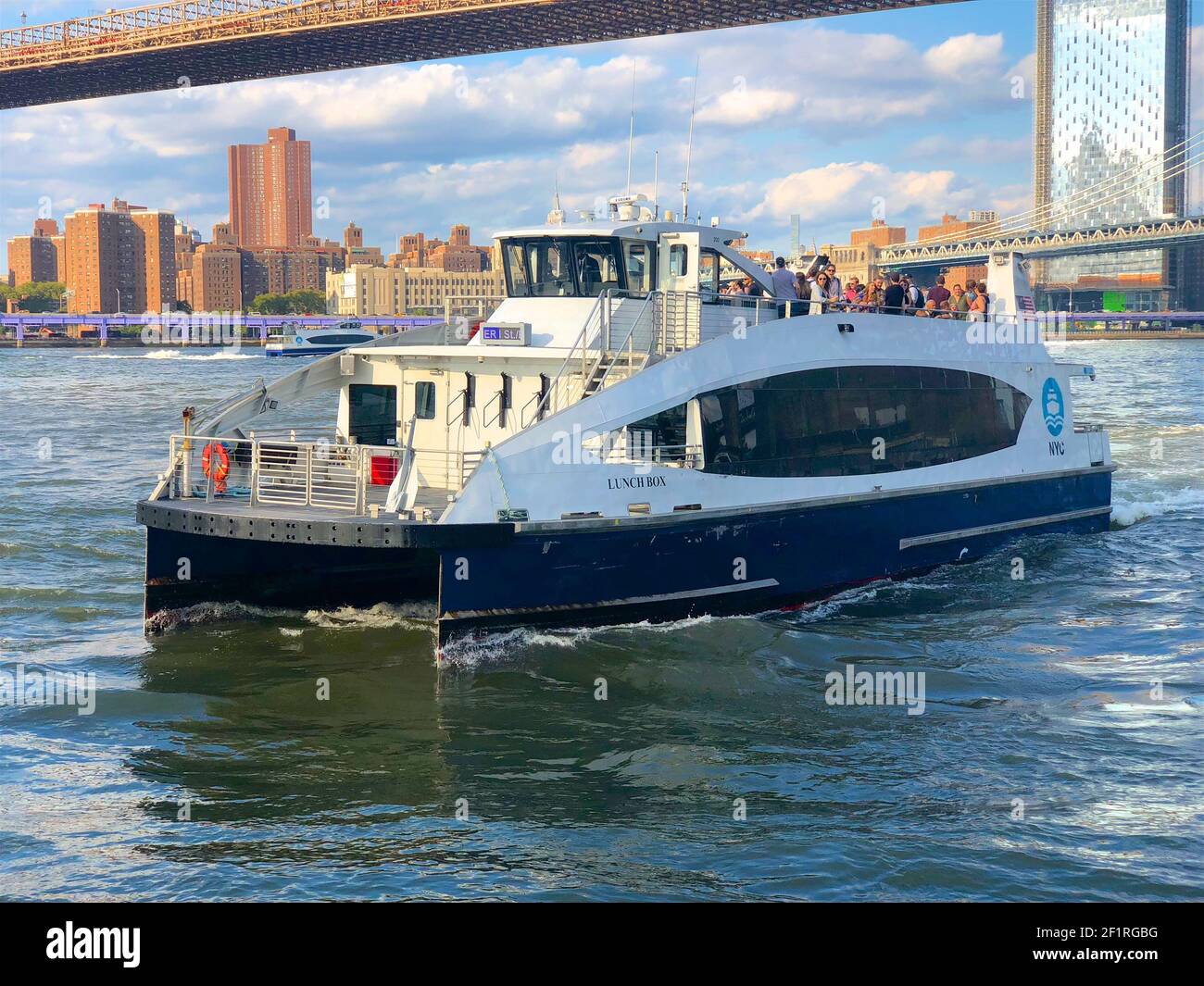 Waterway Boat at Lower Manhattan, next to Brooklyn Bridge, New York ...