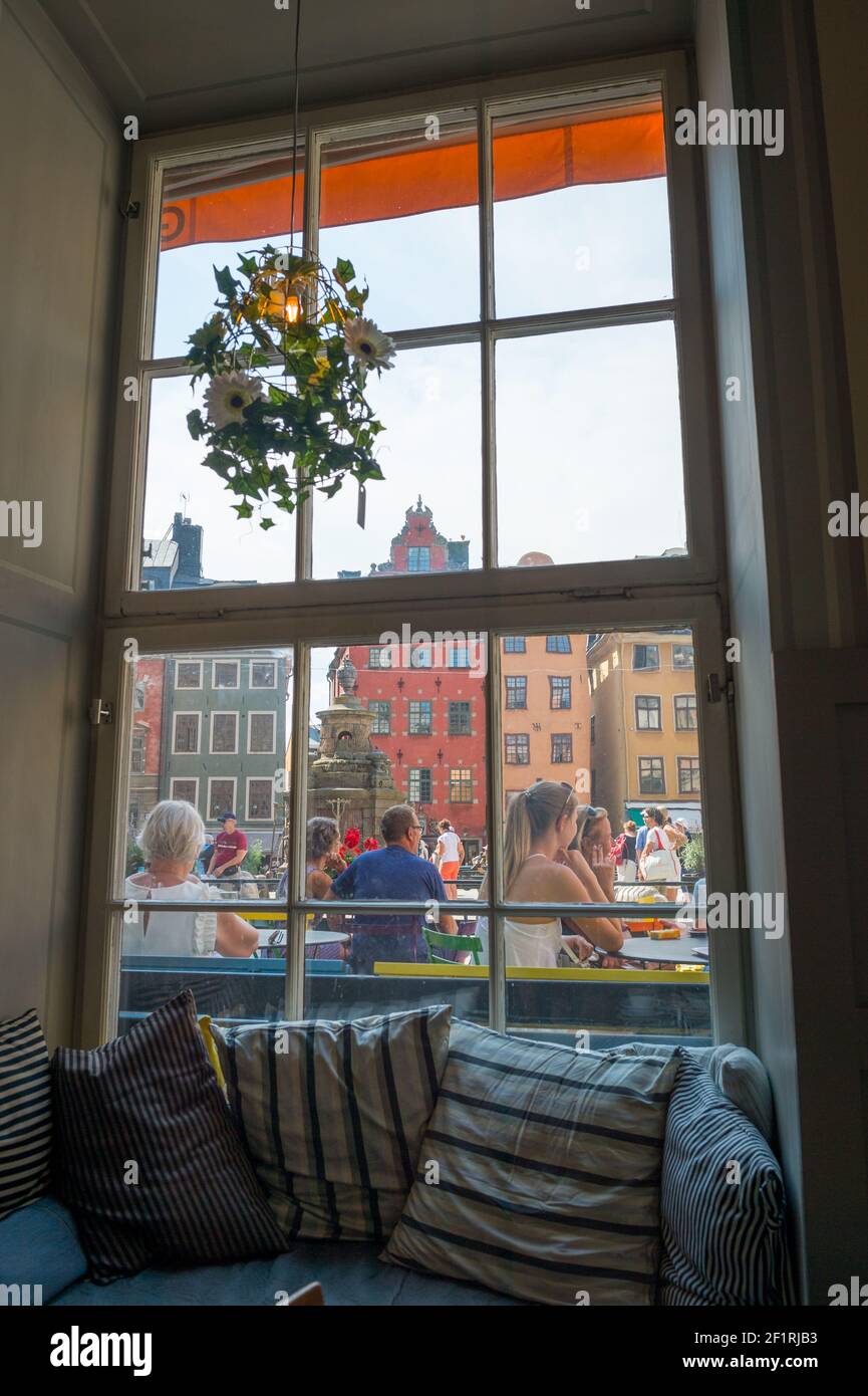 View from a cafe window, Stortoget, Gamla Stan, Stockholm, Sweden Stock ...