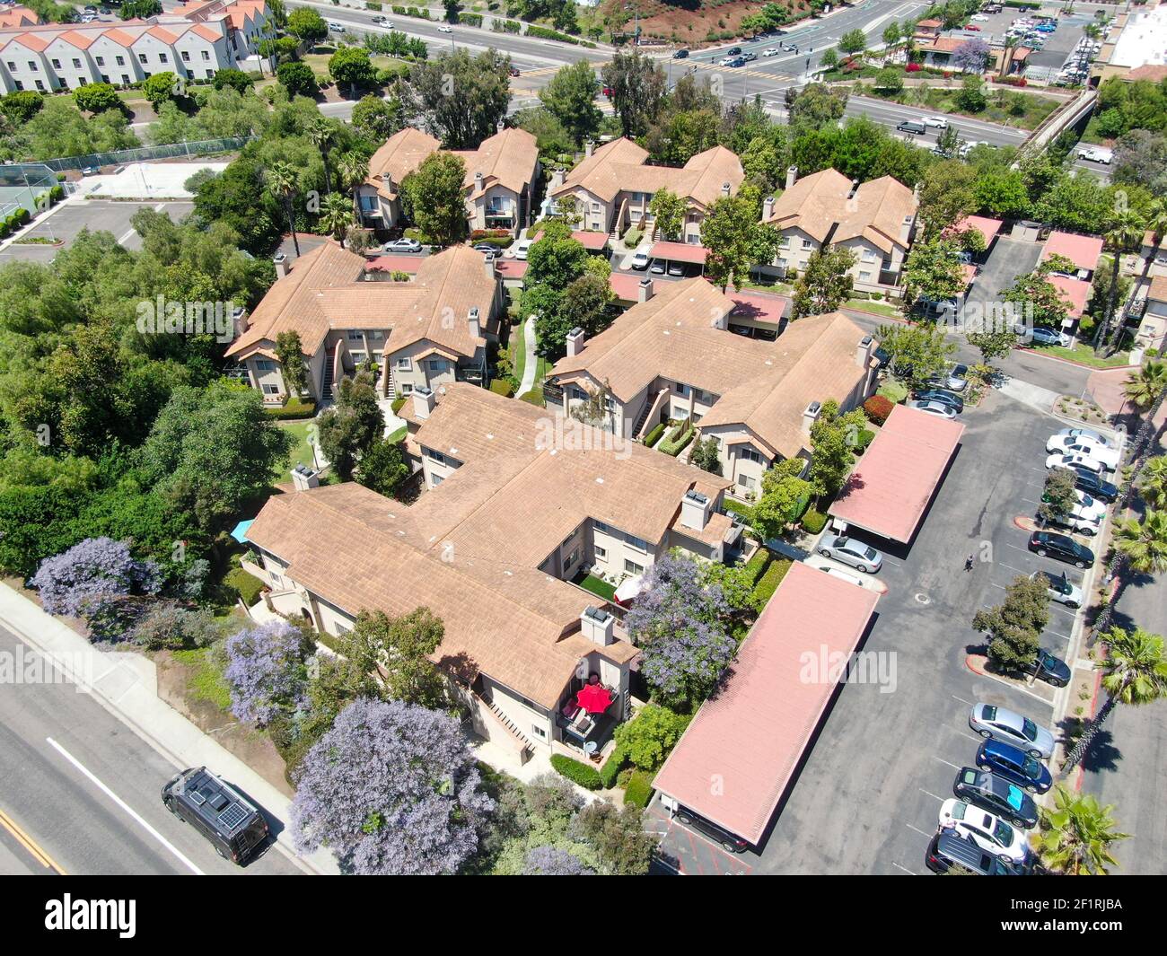 Aerial view middle class neighborhood with condo community, South ...