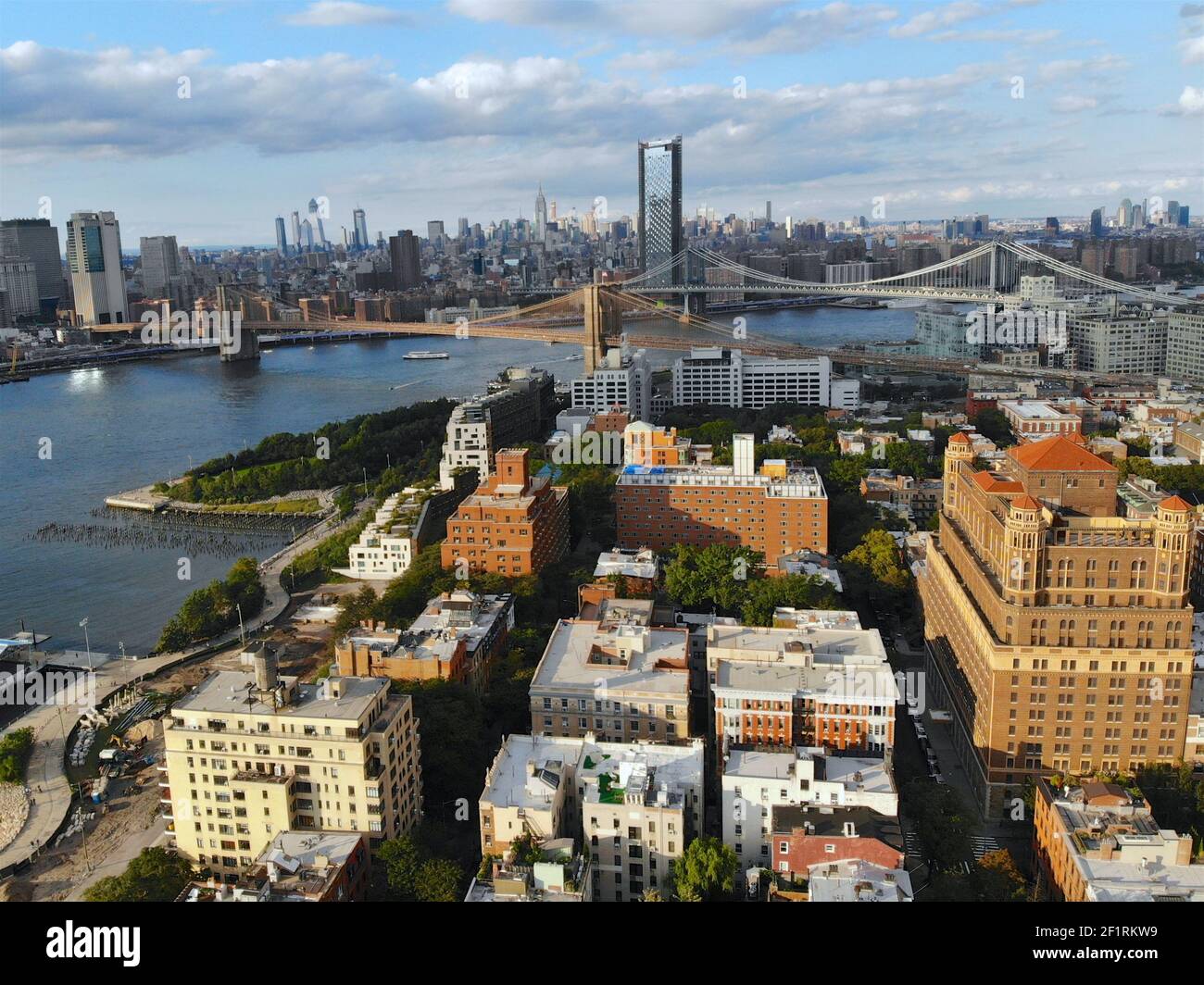 Aerial view of downtown Brooklyn with Hudson River and Brooklyn Bridge ...