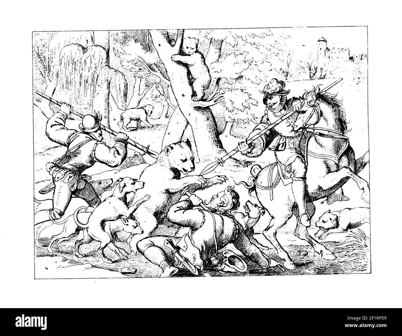Antique illustration of bear hunting. Published in Bilder-Atlas zur ...