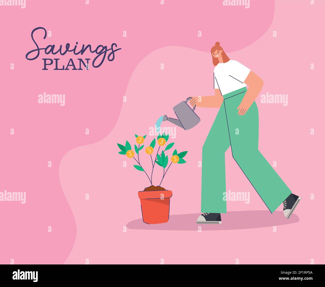 woman with one water can in the hand, money tree and saving plan ...