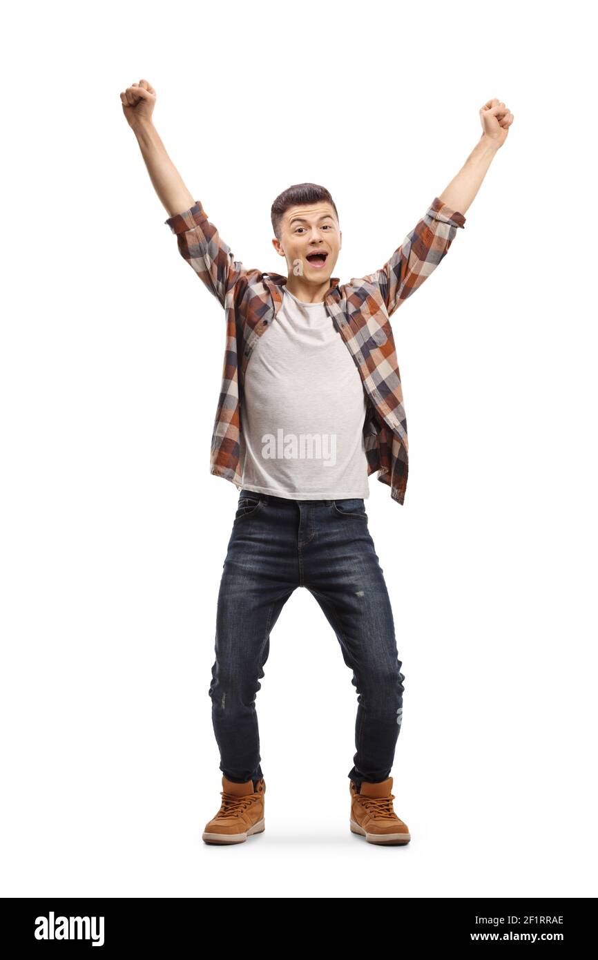 Full length portrait of an excited guy cheering with happiness isolated ...