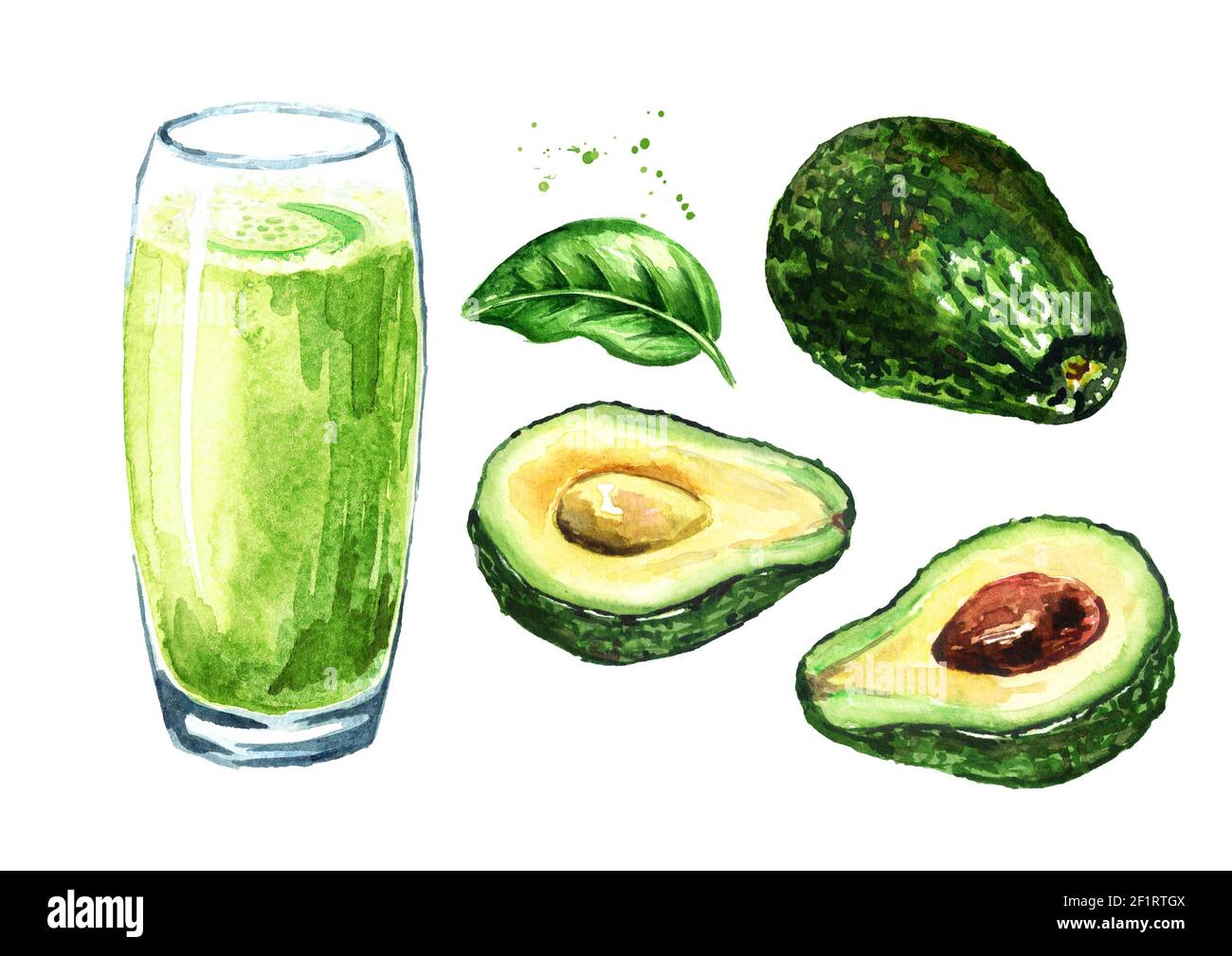 Avocado smoothie elements set, Watercolor hand drawn illustration ...