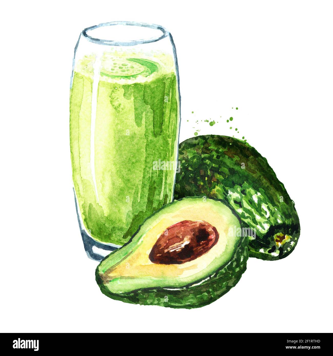 Avocado smoothie, Watercolor hand drawn illustration isolated on white ...