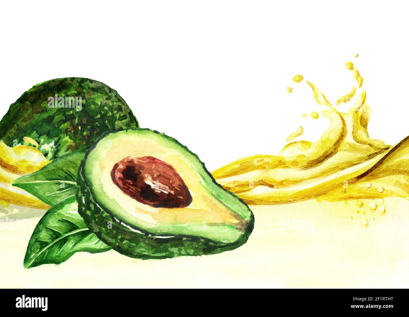 Avocado oil wave, Watercolor hand drawn illustration, isolated on white ...