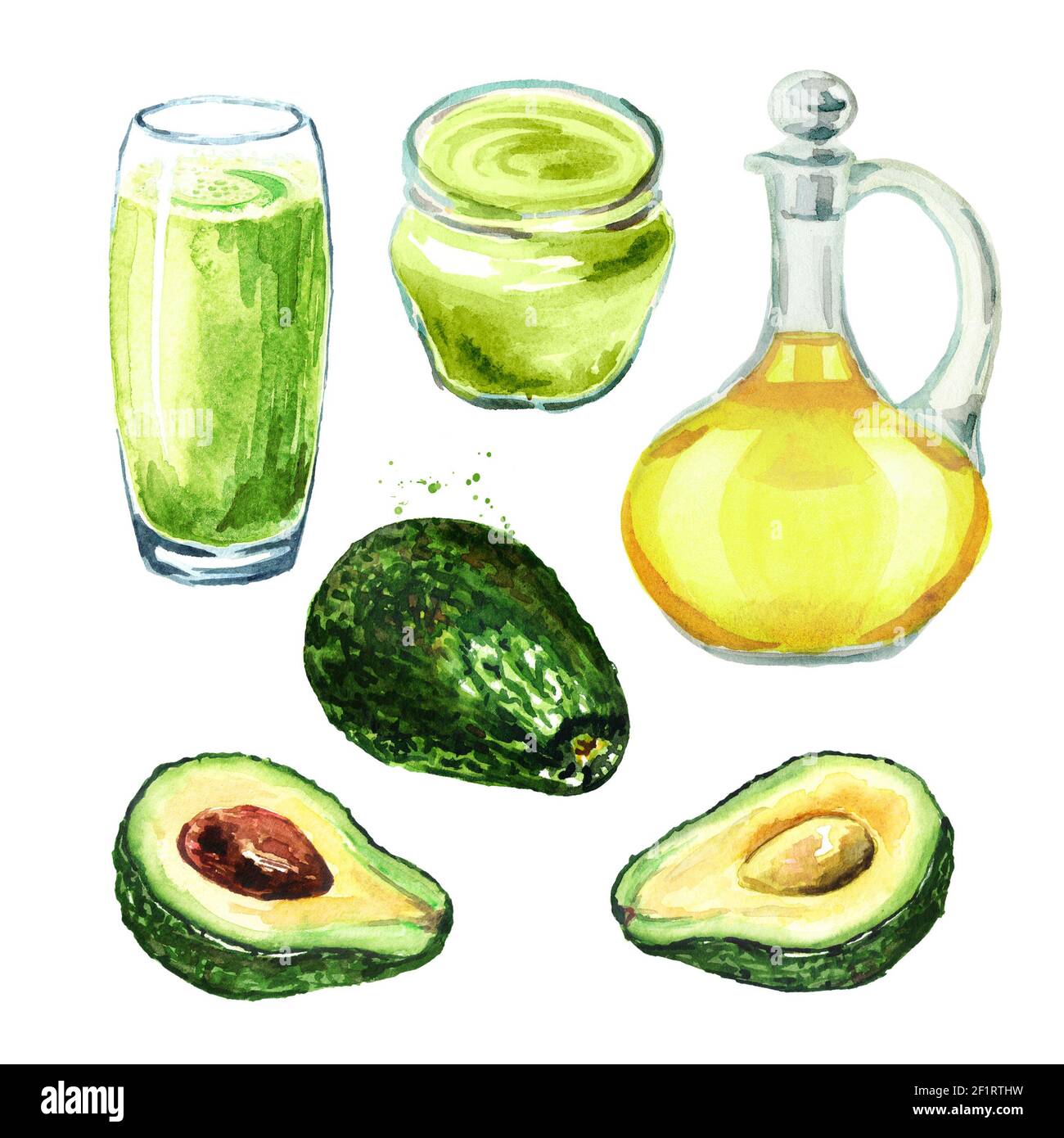 Avocado cream, smoothie and oil set, Watercolor hand drawn illustration ...
