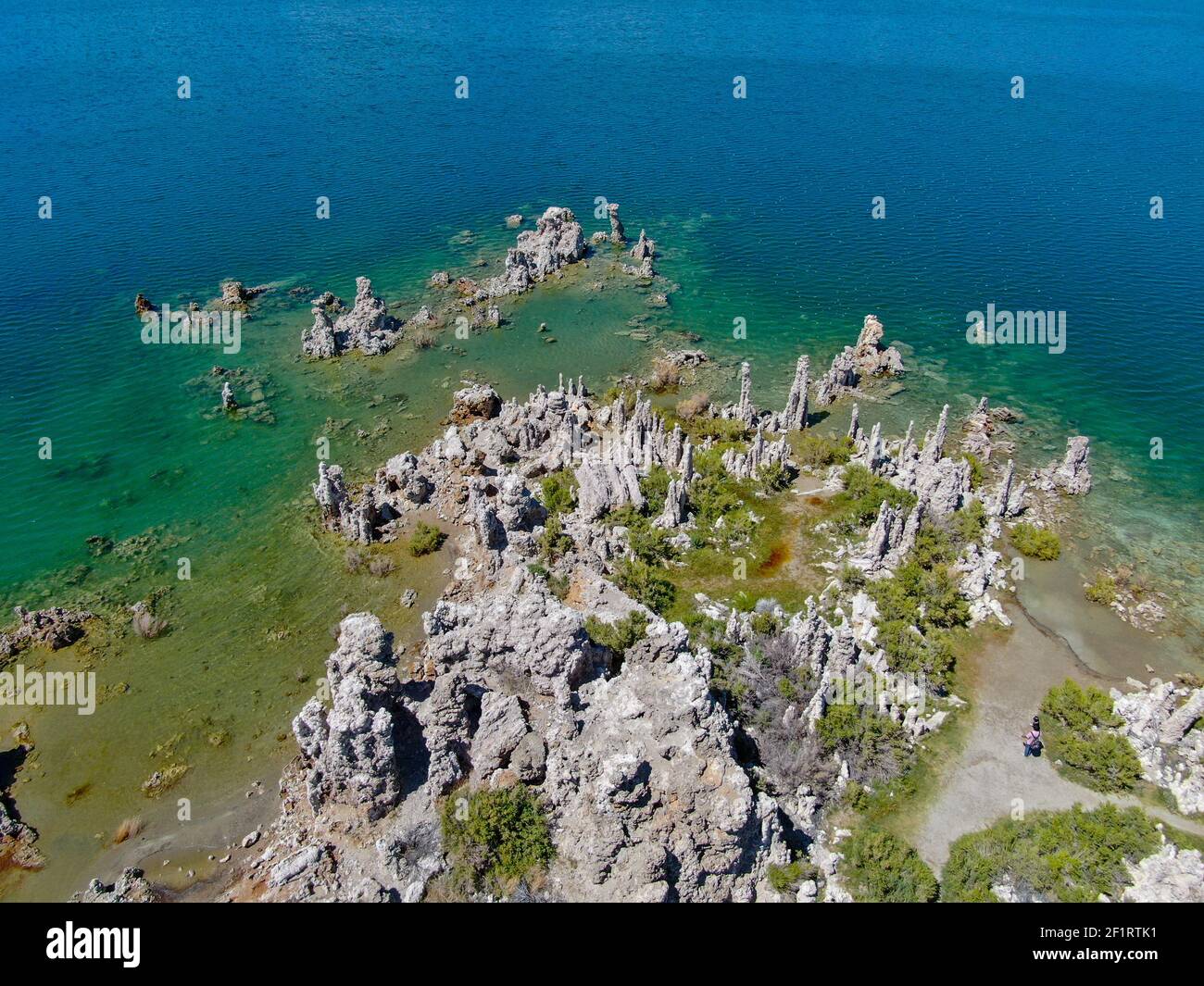 Aerial view of Mono Lake with tufa rock formations during summer season ...