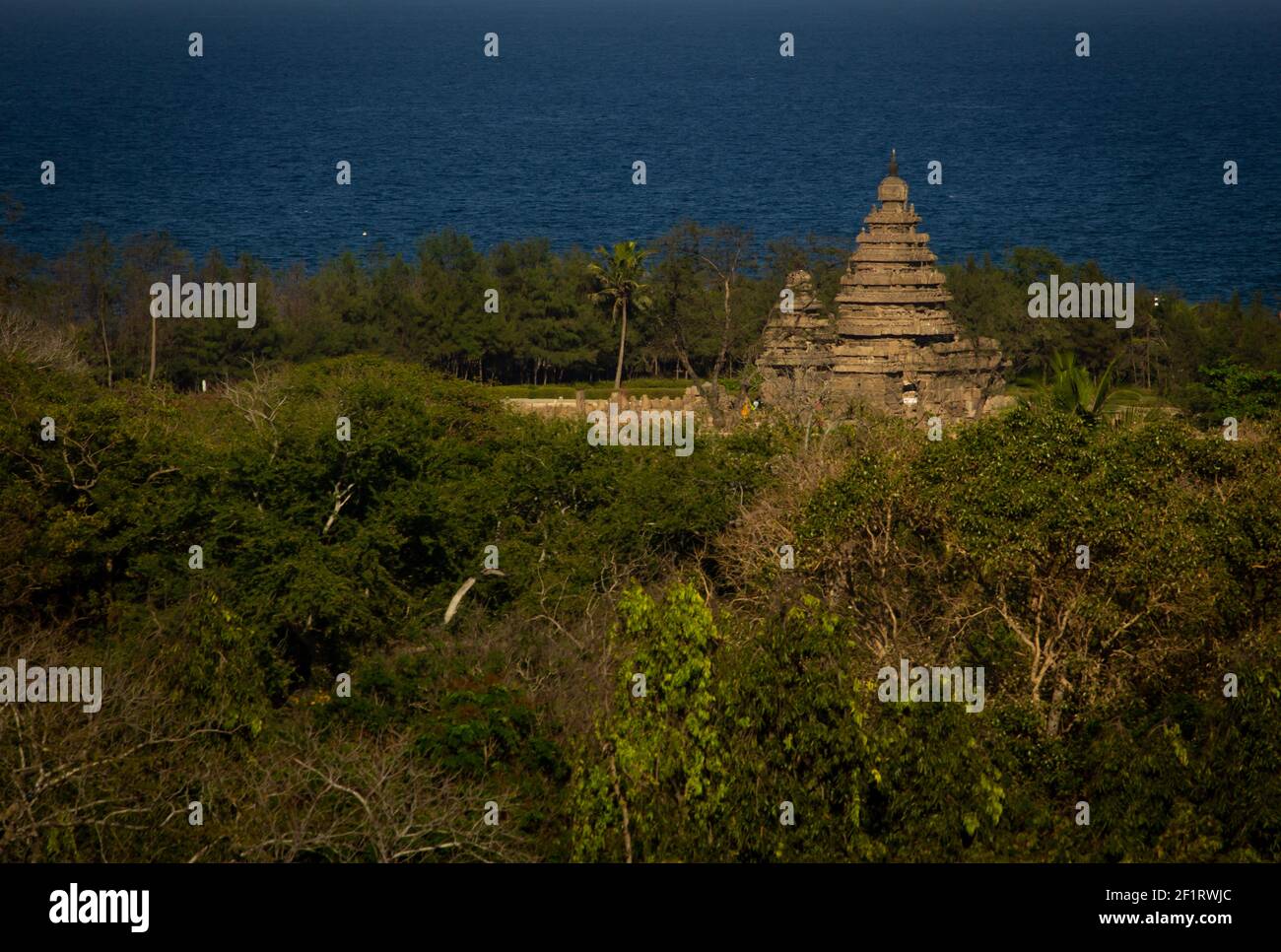 Scenic aerial view of the shore temple with Bay of Bengal sea in ...
