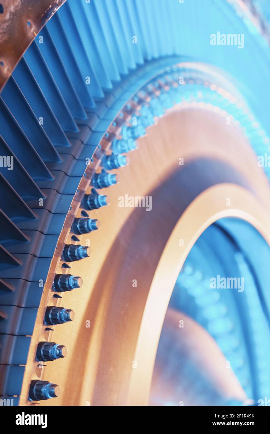 A rotor disc with blades of a turbojet gas turbine engine, inside view ...