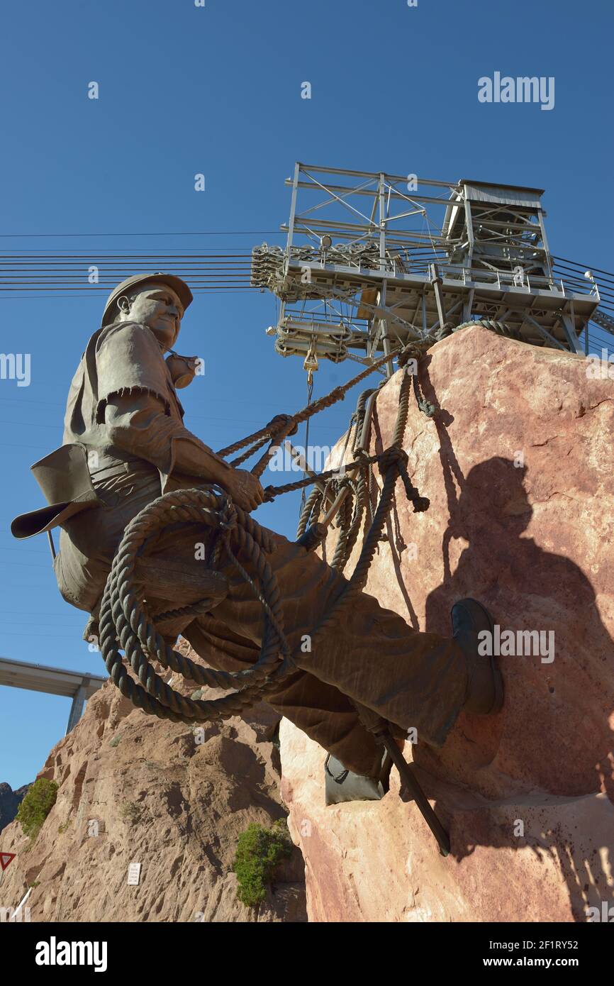 Bronze sculpture of a "high scaler", Hoover Dam, Arizona, Nevada, USA ...