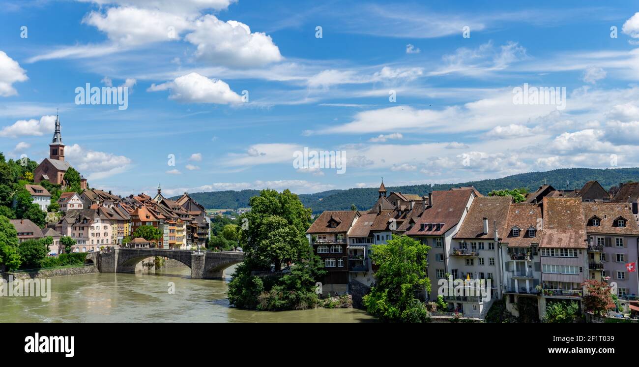 Panorama view of the idyllic border town of Laufenburg on the Rhine in ...