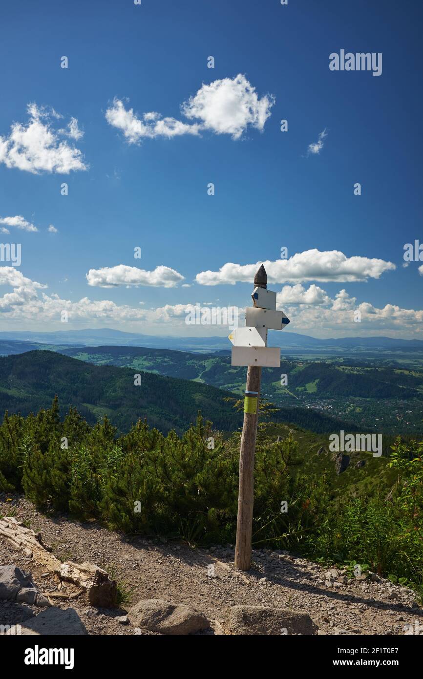 Scenic panoramic view of mountains landscape with trail signs Stock ...