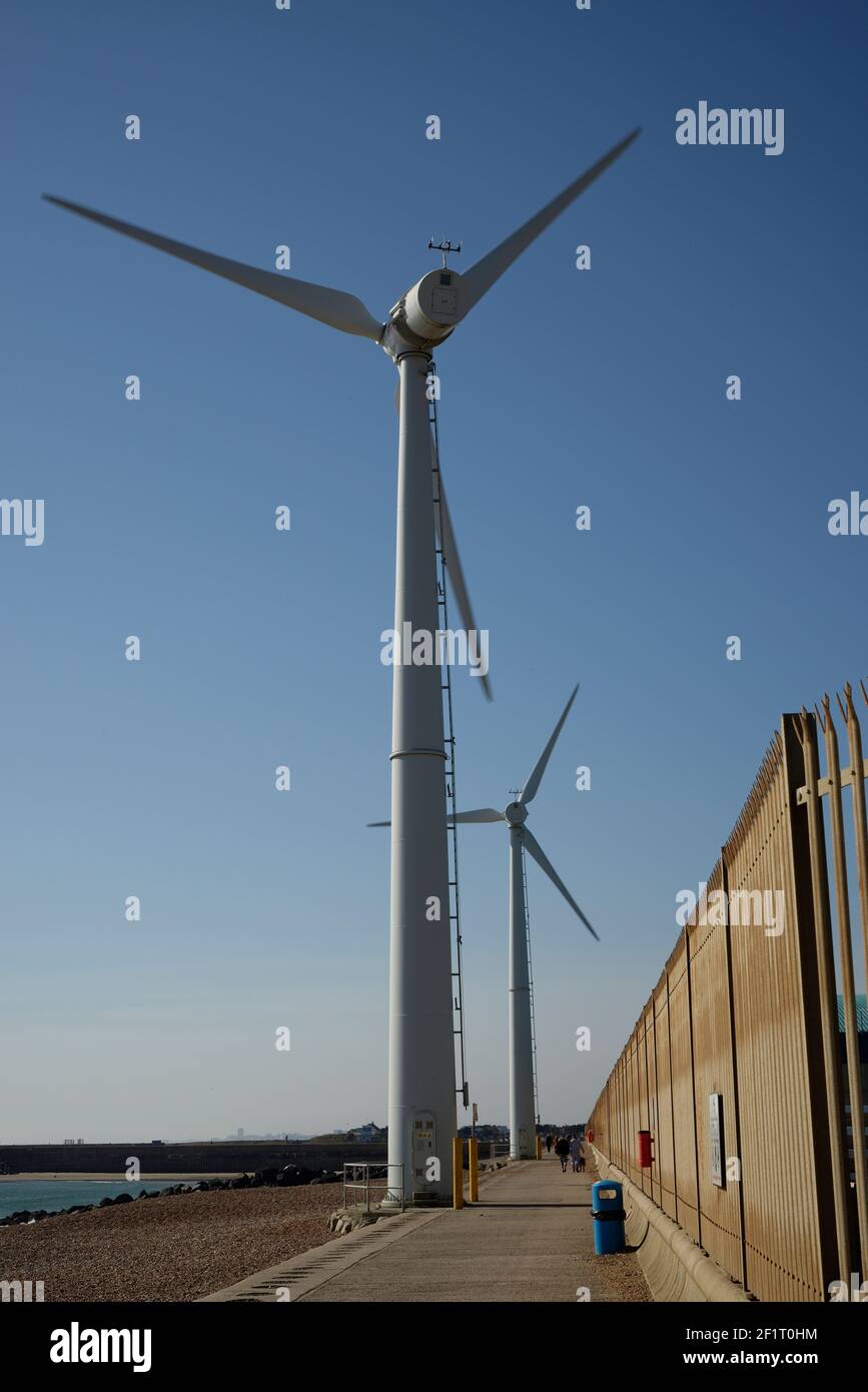 Wind turbines on the beach at Shoreham, Sussex, England, Uk Stock Photo ...