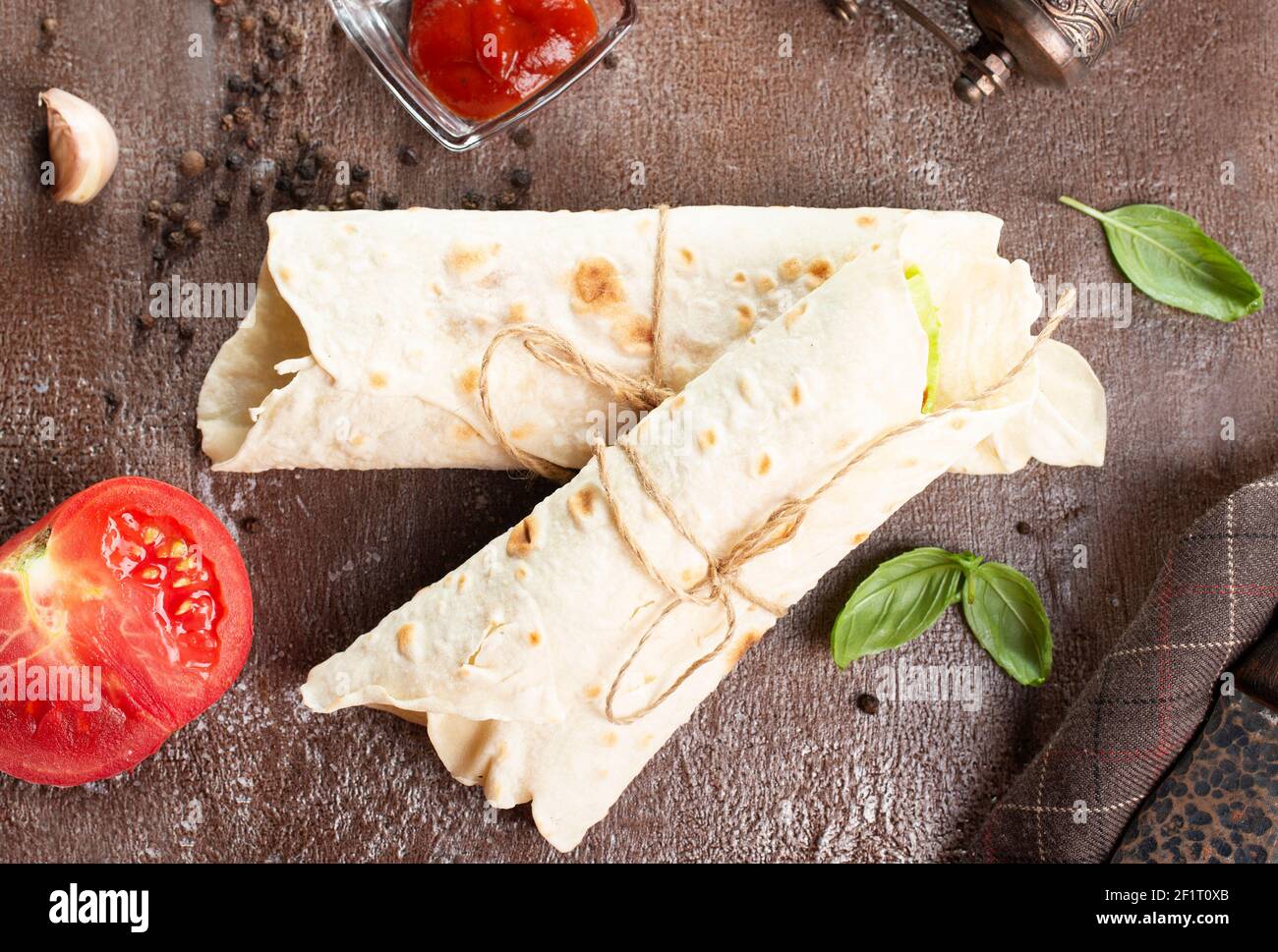 Homemade lavash, shawarma with vegetables, chicken, cheese Stock Photo ...