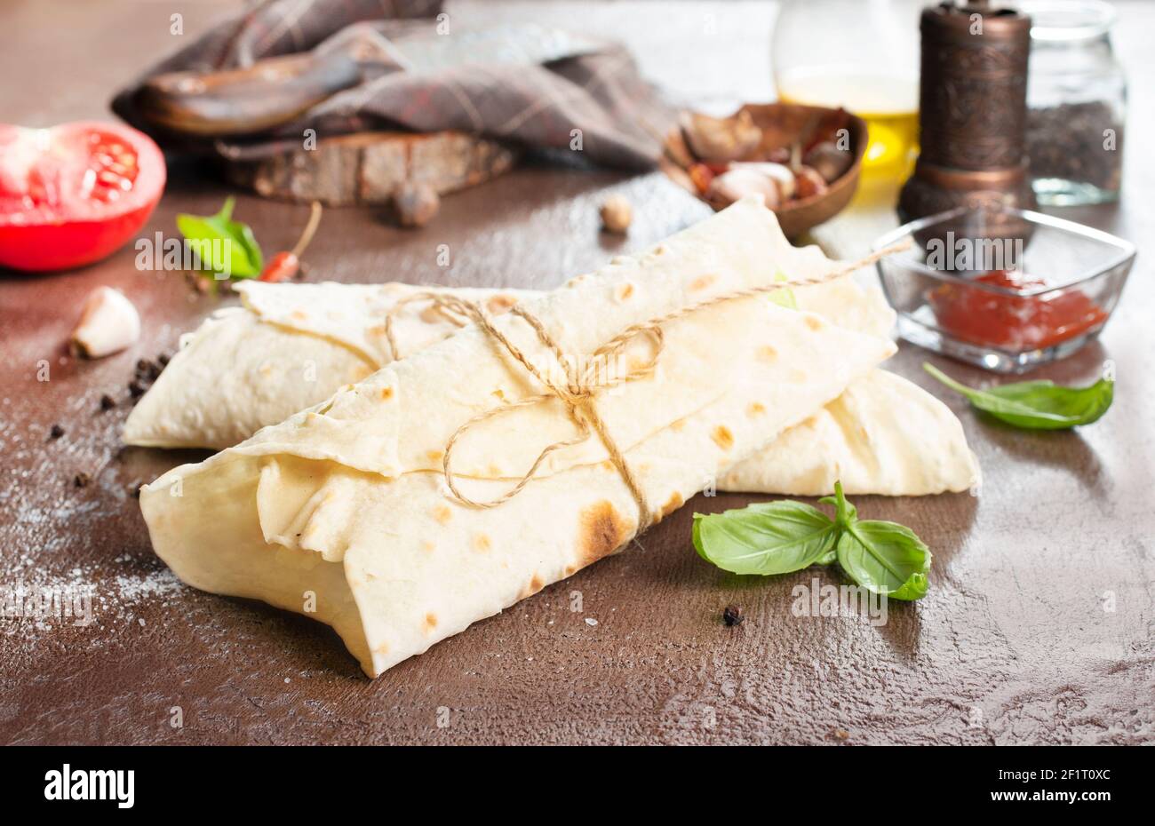 Homemade lavash, shawarma with vegetables, chicken, cheese Stock Photo ...