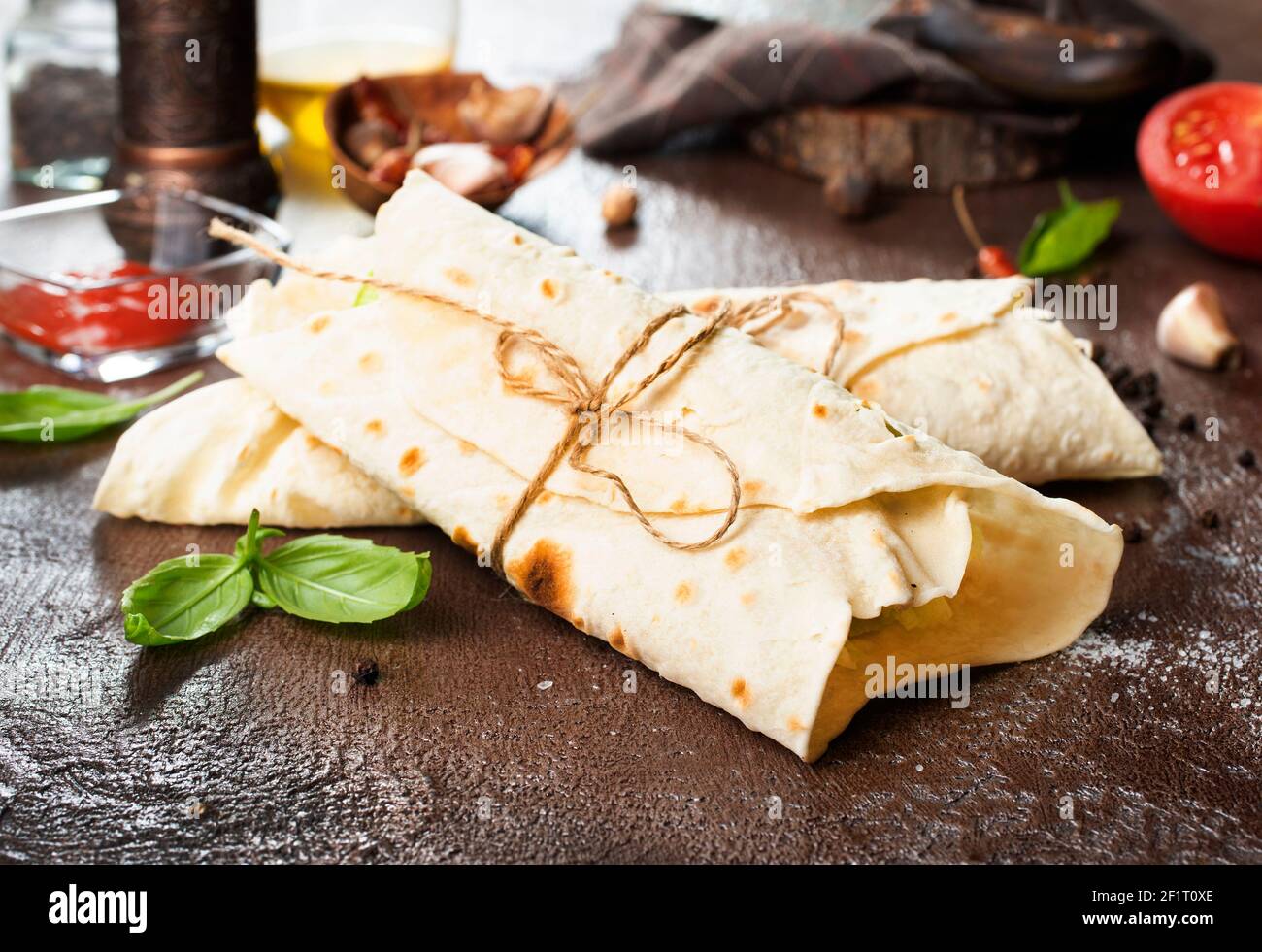 Homemade lavash, shawarma with vegetables, chicken, cheese Stock Photo ...
