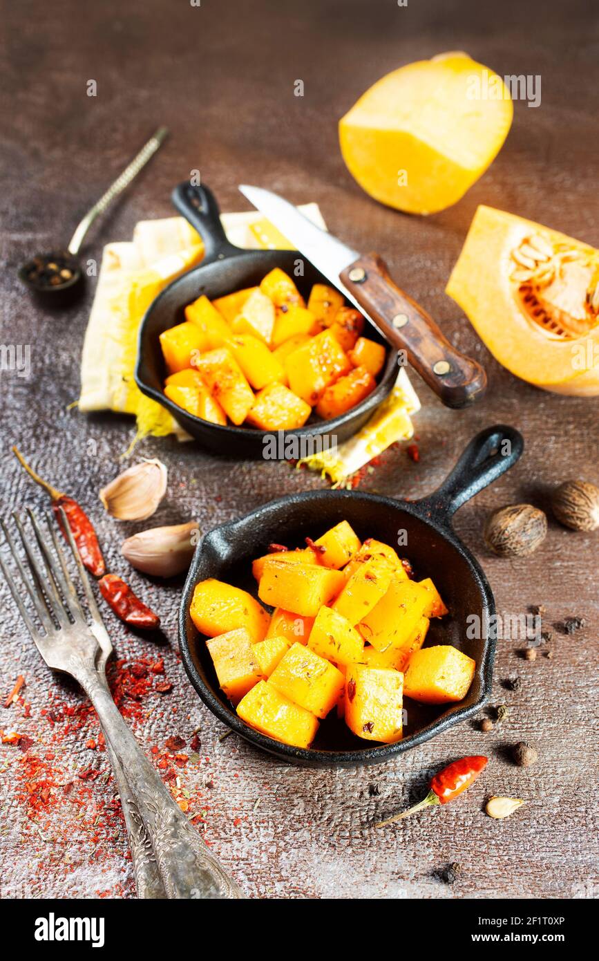 fried pumpkin in pan, fried pumpkin with aroma spice Stock Photo - Alamy