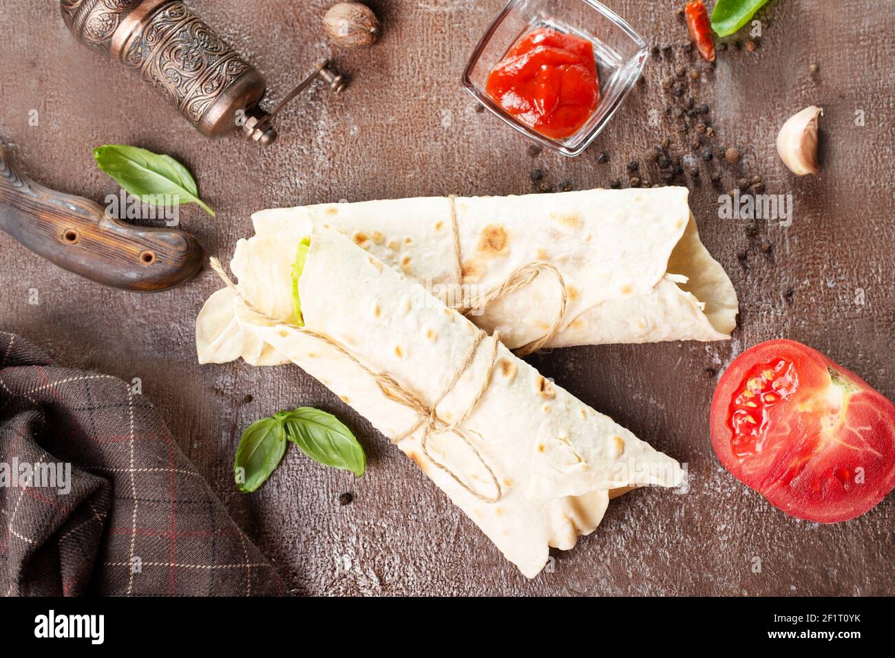 Homemade lavash, shawarma with vegetables, chicken, cheese Stock Photo ...