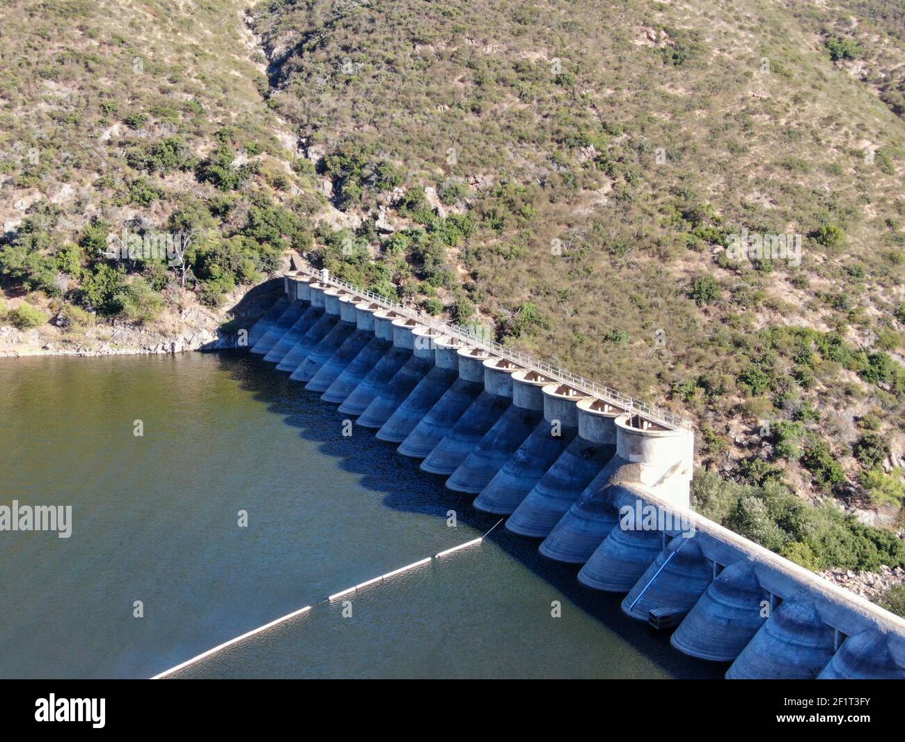 Aerial view of Lake Hodges Dam surrounded by Bernardo Mountain, San ...