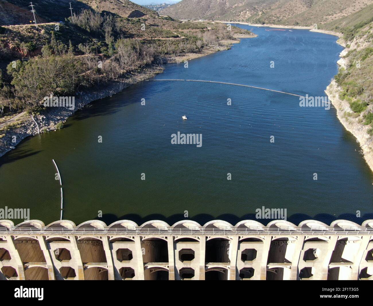 Aerial view of Lake Hodges Dam surrounded by Bernardo Mountain, San ...