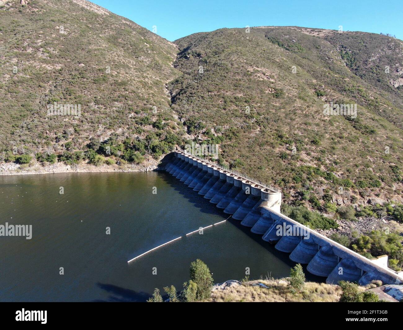 Aerial view of Lake Hodges Dam surrounded by Bernardo Mountain, San ...