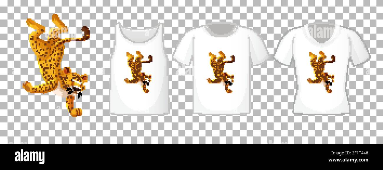 Set of different shirts with leopard dancing cartoon character isolated ...