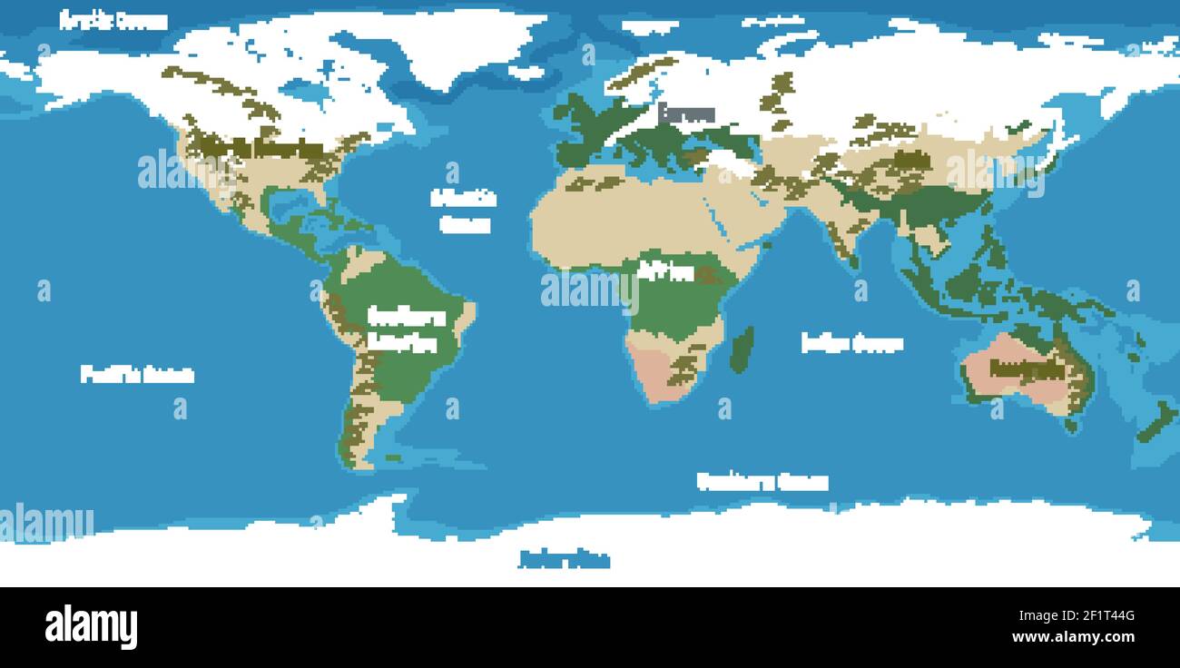 World map with continents names and oceans illustration Stock Vector ...