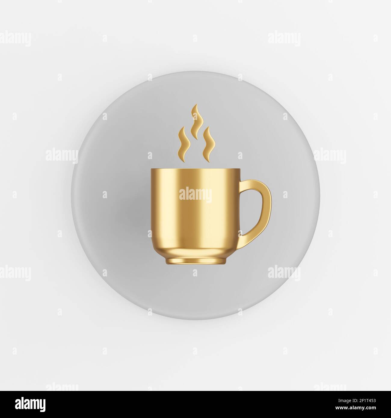 Golden coffee cup icon. 3d rendering gray round key button, interface ...