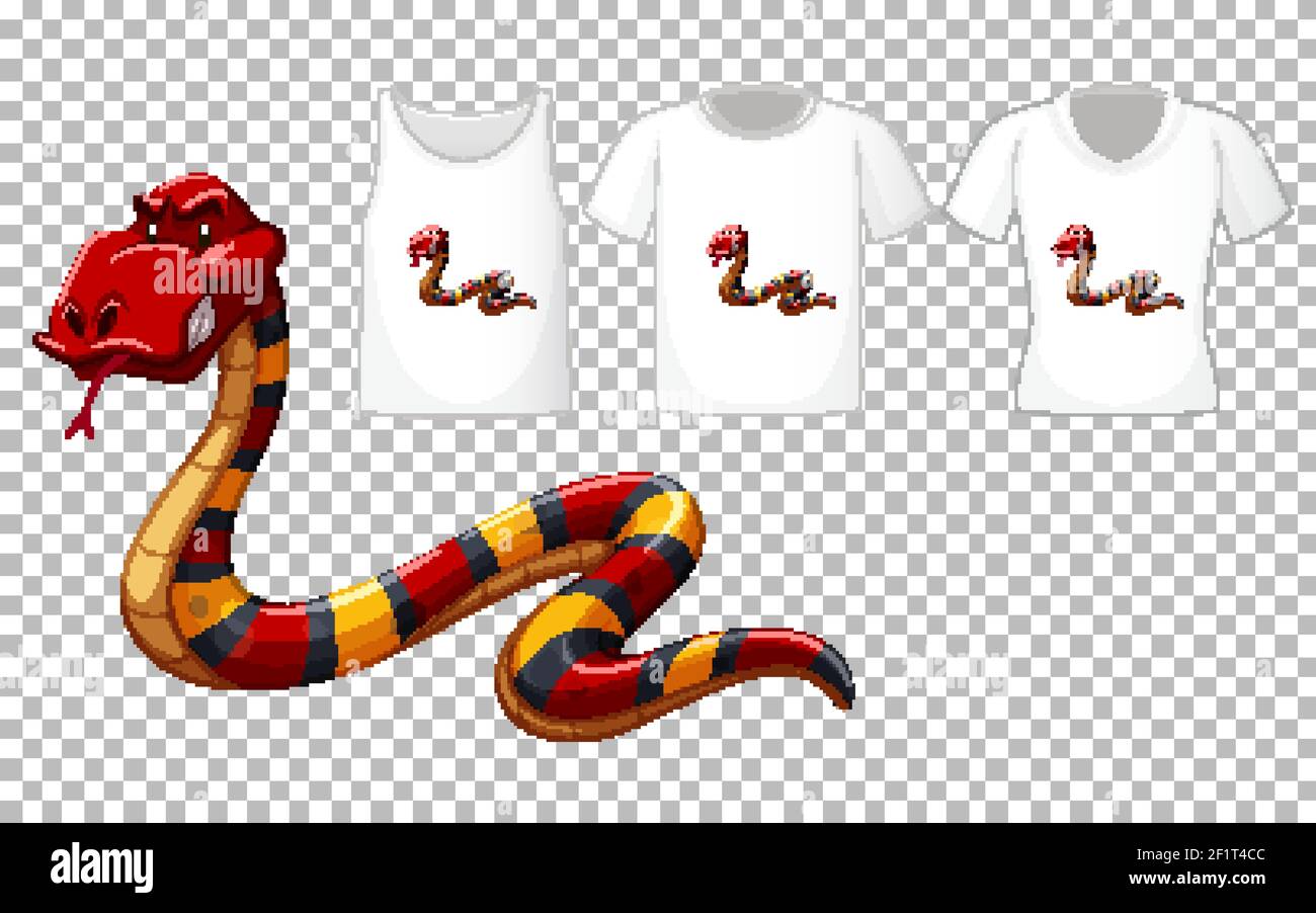 Red snake cartoon character with many types of shirts on transparent ...
