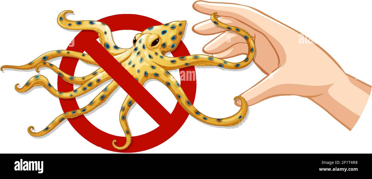 Warning blue ringed octopus prohibited sign with hand on white ...