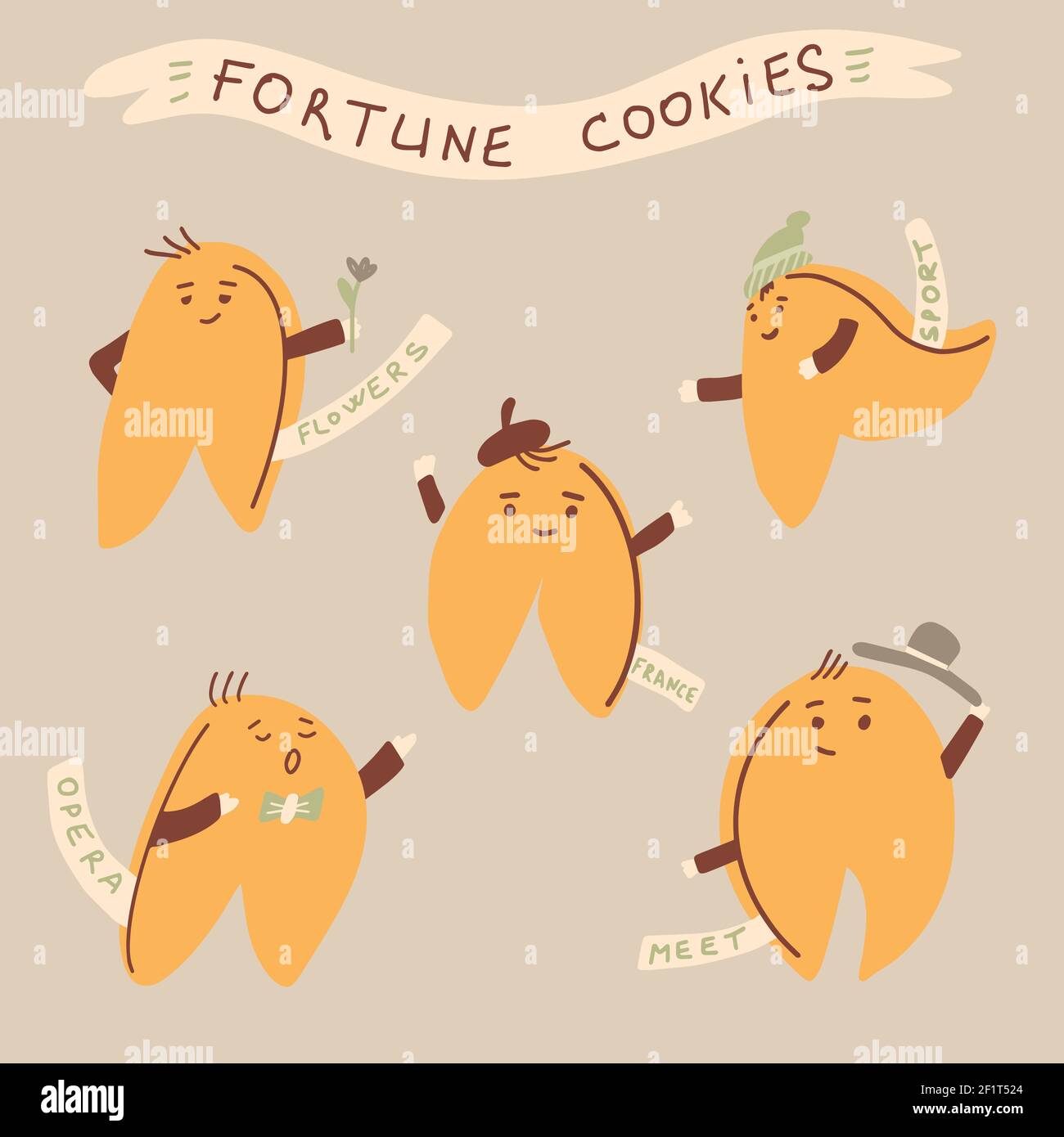 Chinese fortune cookie set in hand drawn cartoon style. Isolated vector ... Chinese fortune cookie set in hand drawn cartoon style. Isolated vector ...