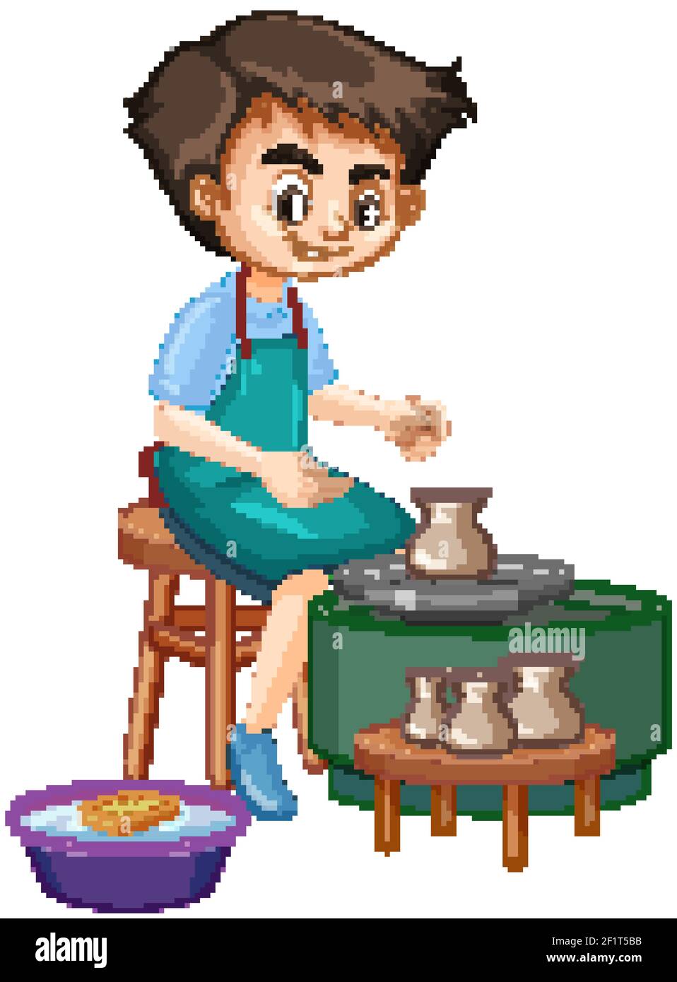 Cartoon character boy making pottery clay on white background ...