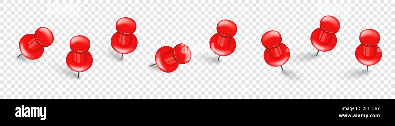 Realistic red push pins. Board tacks isolated on transparent background ...